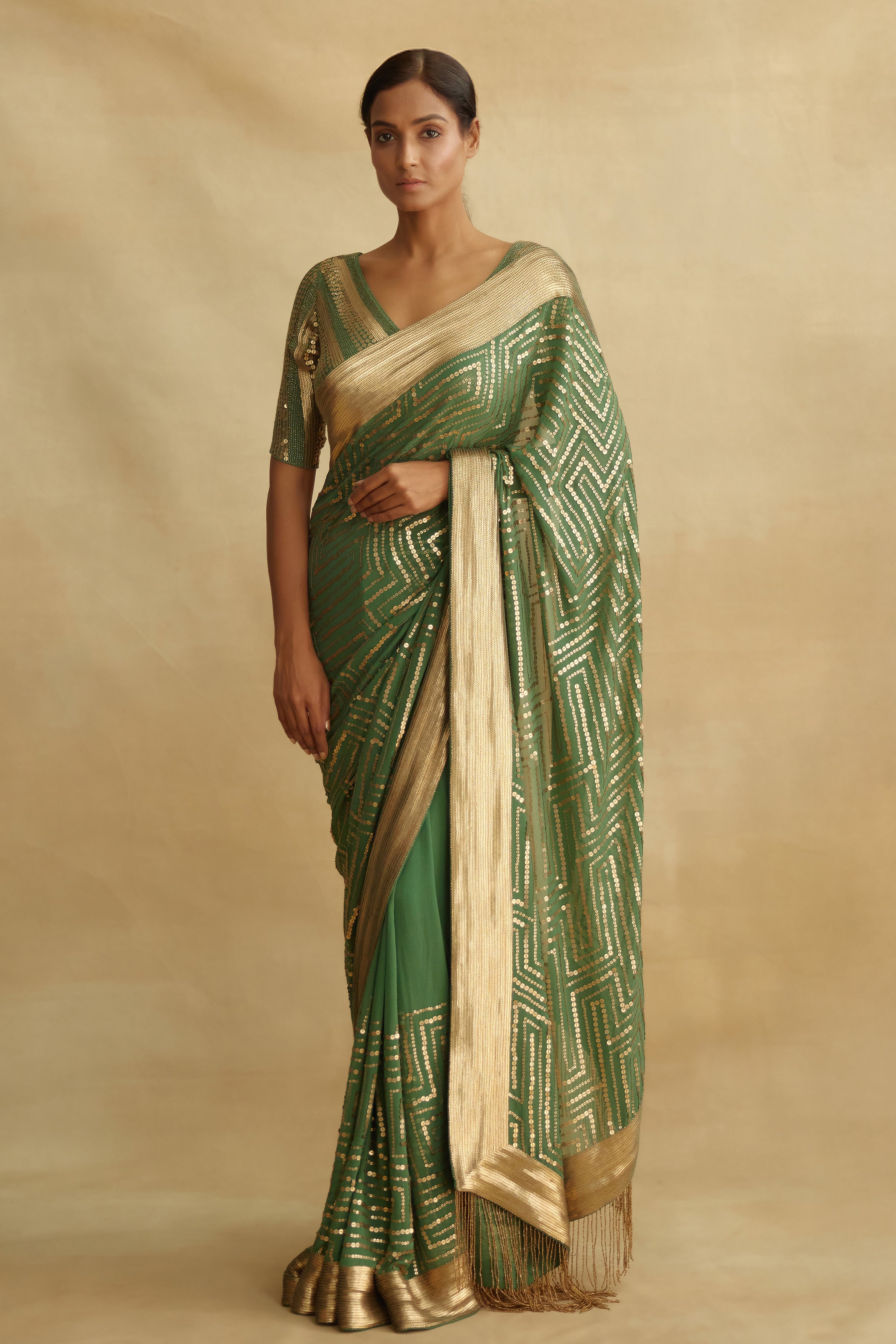 Sari Set in Gold Sequin Embroidery in Maze Design – Nakul Sen