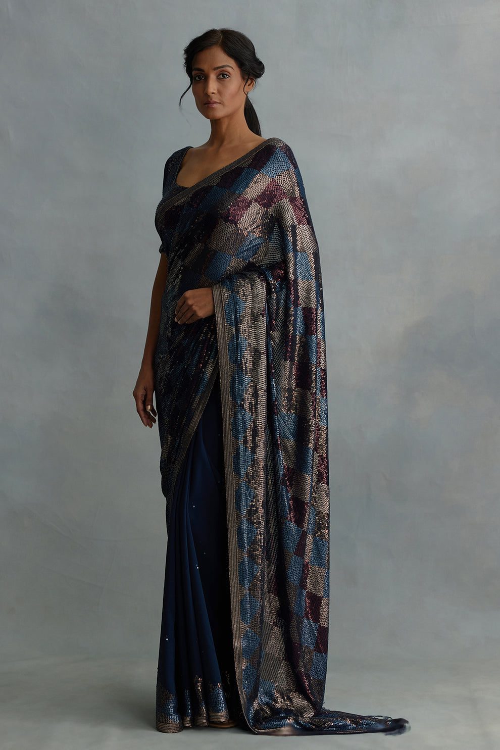 Sari Set in Geometric Pattern Sequin Embroidery – Nakul Sen