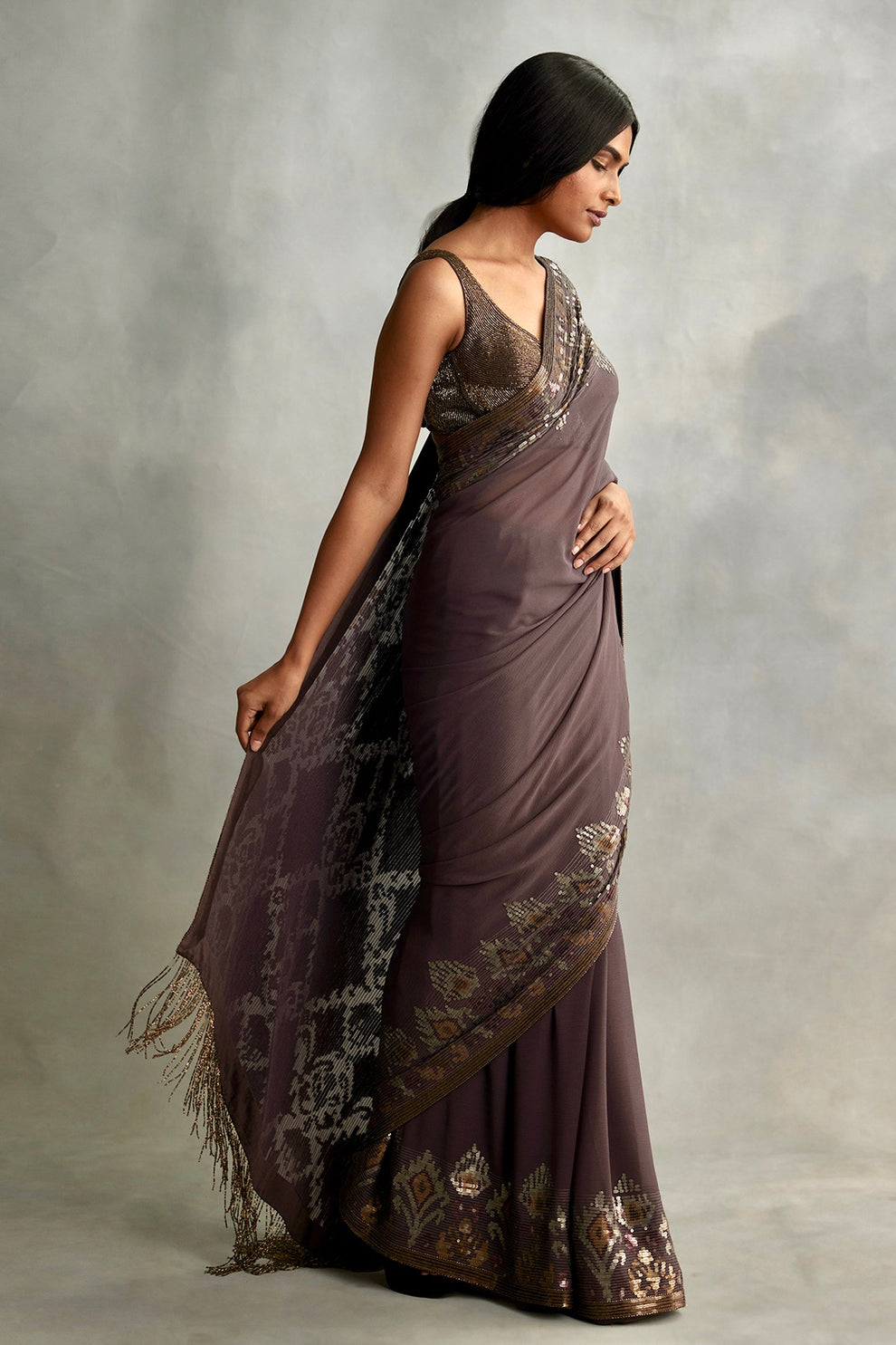 Shop Charcoal Ikkat Sequin Sari Set – Nakul Sen