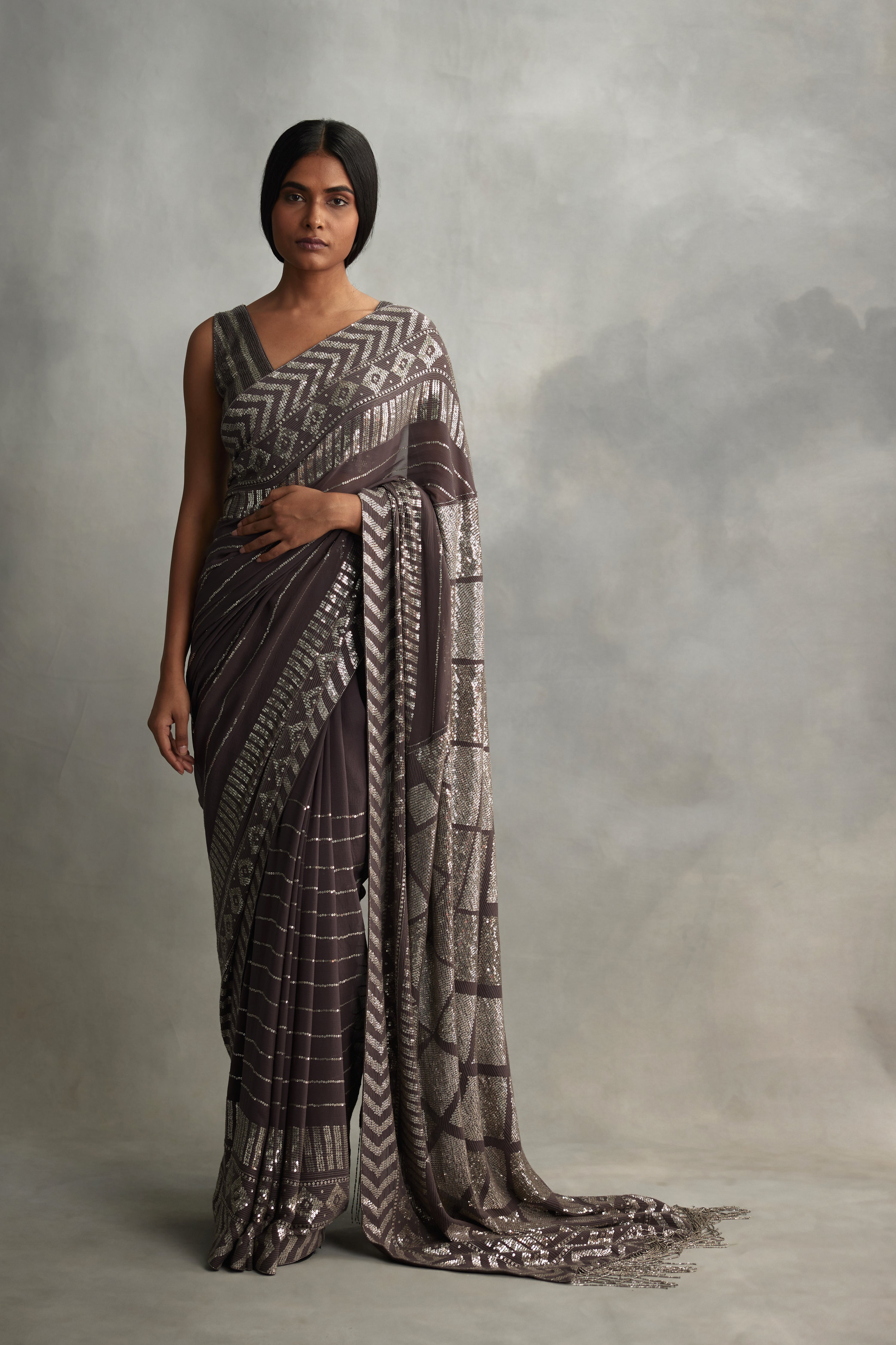 Sari Set in Diamond Design in Small Sequin Embroidery – Nakul Sen
