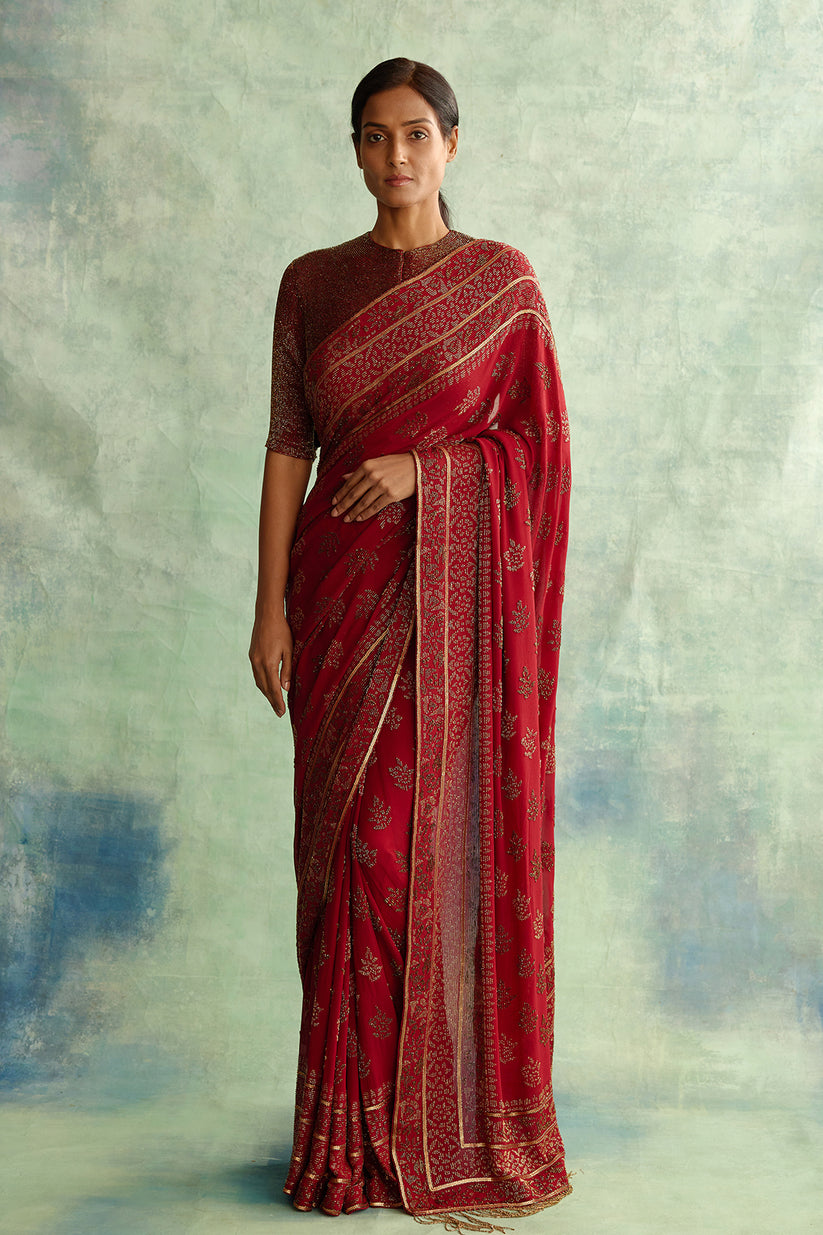 Shop Red Spiral Beadwork Sari Set – Nakul Sen