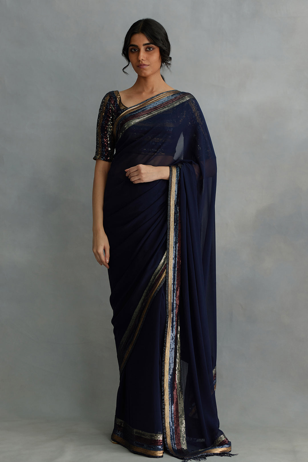 Shop Navy Multi-Sequin Border Sari Set – Nakul Sen