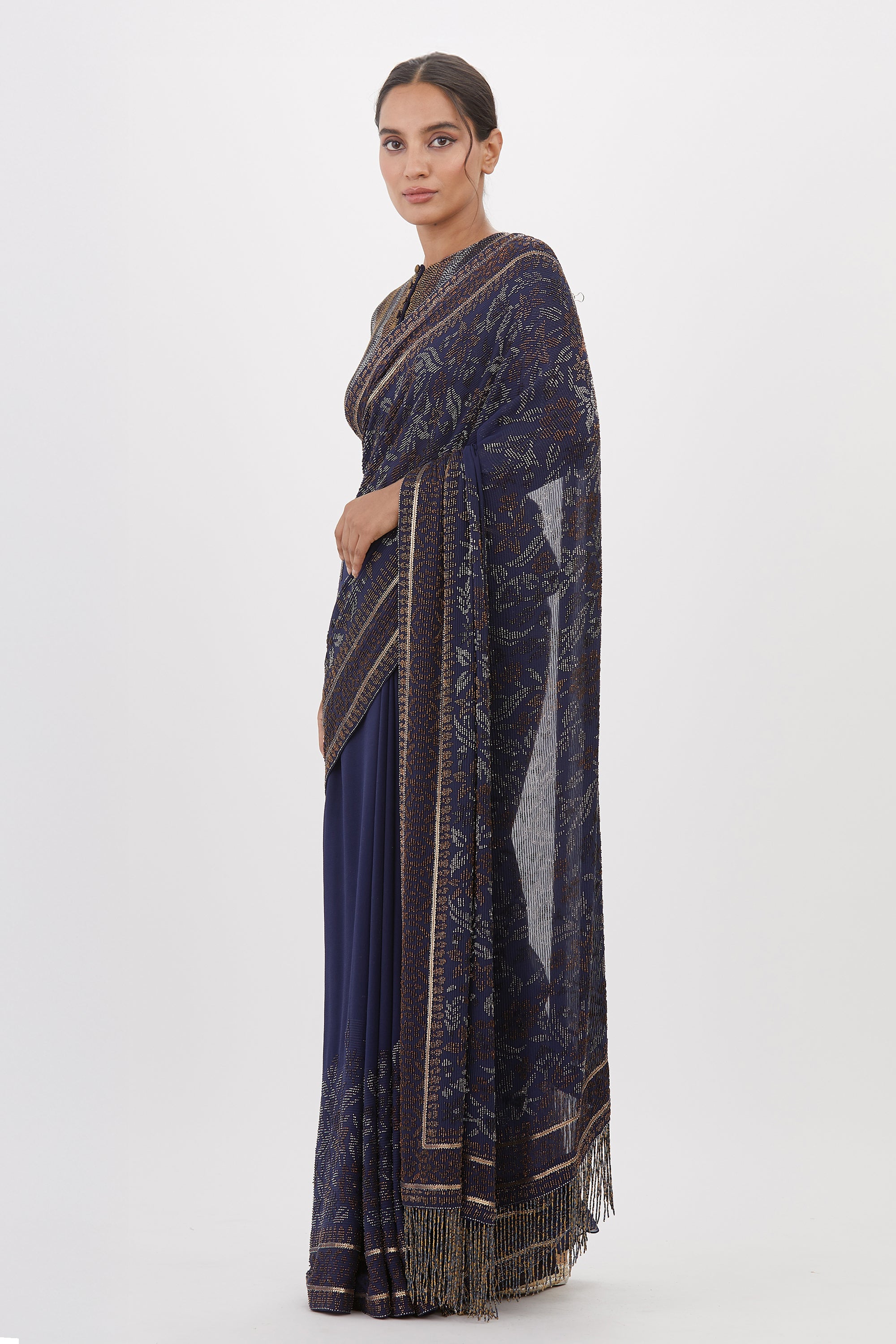 Sari Set with Spiral Beadwork and Sequin Embroidery – Nakul Sen